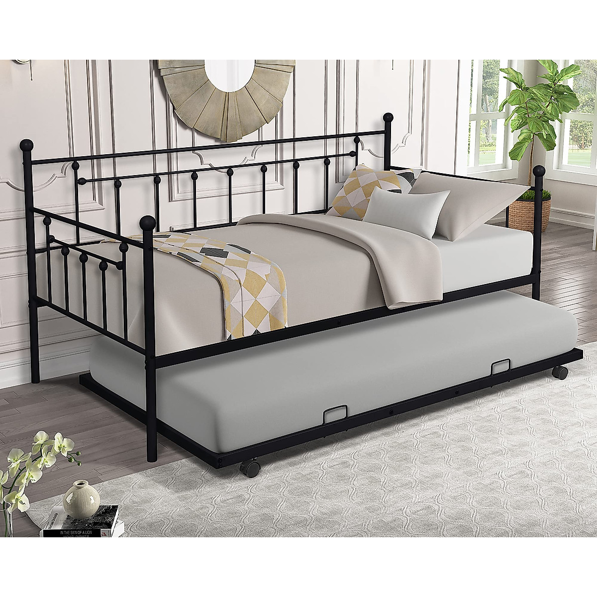 CALABASH Twin Size Daybed and Trundle Frame Set, Metal Frame with Pull Out Trundle for Teens Kids Adults for Living Room Bedroom Room (Black)