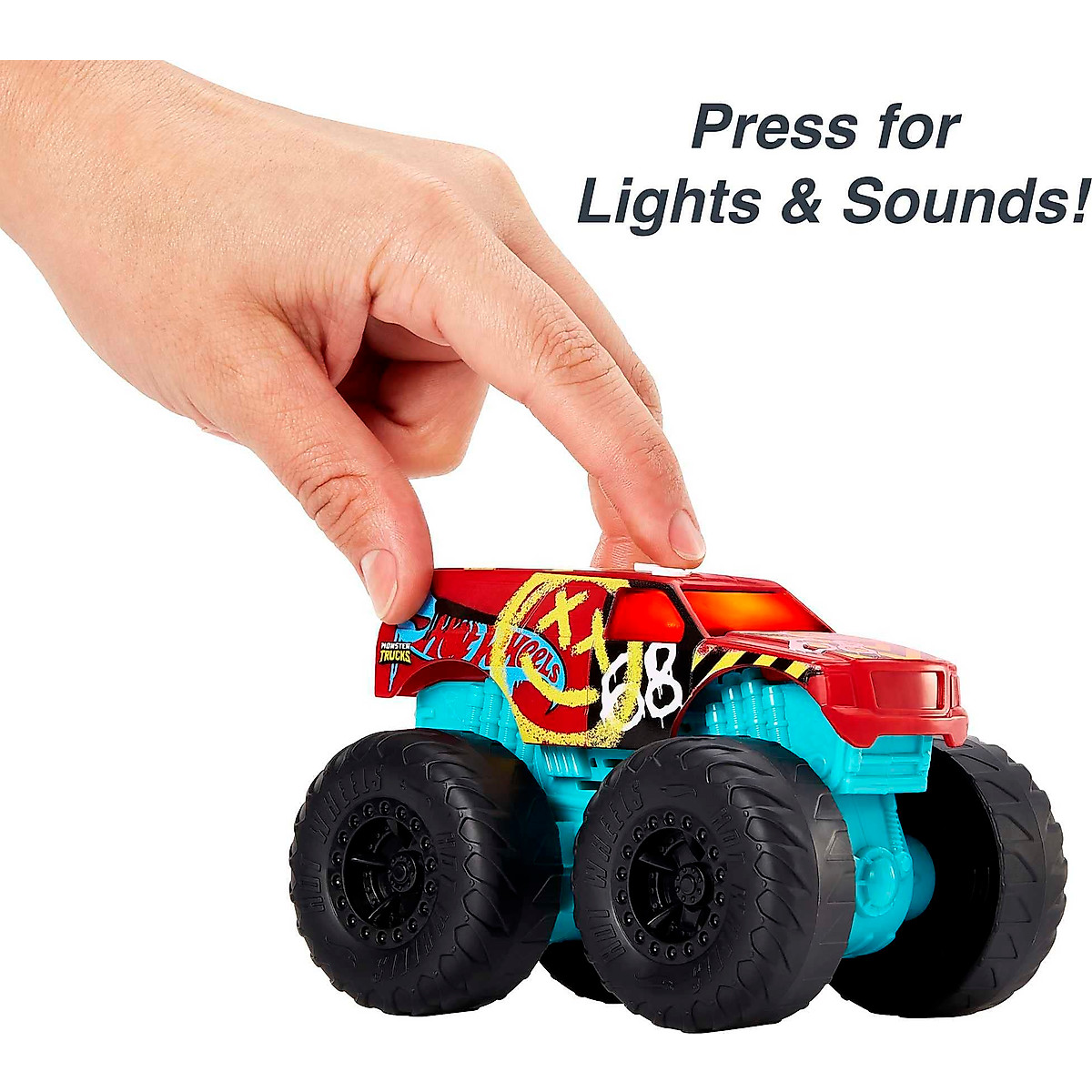 Hot Wheels Monster Trucks Roarin’ Wreckers, 1 1:43 Scale Truck with Lights & Sounds, Plays Truck’s Theme Song, Toy for Kids 3 Years Old & Older