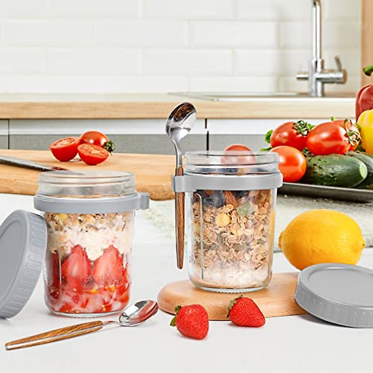 Overnight Oats Jars with Spoon and Lid 16 oz [2 Pack], Airtight Oatmeal Container with Measurement Marks, Mason Jars with Lid for Cereal On The Go Container (2pcs grey)