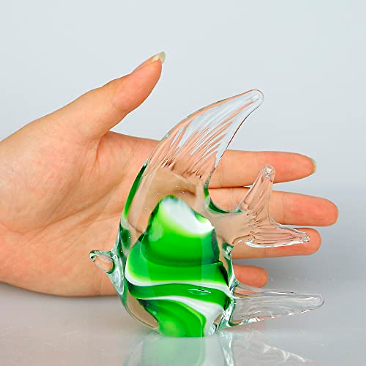 vskikris Green Hand Blown Tropical Fish Figurines Art Glass Fish Sculpture Collection for Home Decor Fish Tank Aquarium