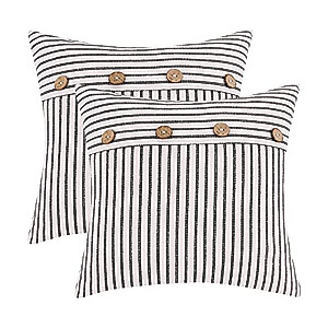 Farmhouse Button Pillow Covers 18 x 18, Black and Beige Striped Patchwork Pillow Covers, Set of 2 Modern Accent Square Couch Pillow Cases, Decorative Pillowcases with Buttons for Sofa Couch Bed