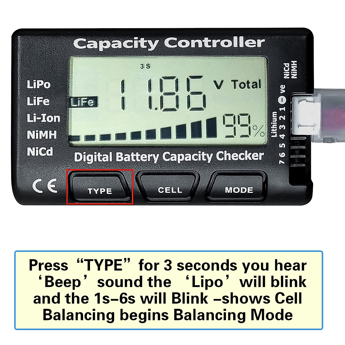 SUPULSE Battery Tester Digital Battery Capacity Checker Controller Tester Voltage Tester for LiPo/Life/Li-ion/NiCd/NiMH Battery Capacity Controller