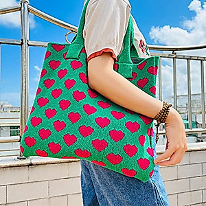 Women Casual Hobo Bag Crochet Tote Bag Aesthetics Love Pattern Shoulder Handbags Y2K Trendy Knitted Bag (Black and white)