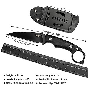 KOMWERO Outdoor Camping Knife, 8.66" Fixed Blade Knife with D2 Steel Black Titanium Coated Blade and G10 Handle, EDC Knife Full Tang with Kydex Sheath for Adventure Survival (Black)