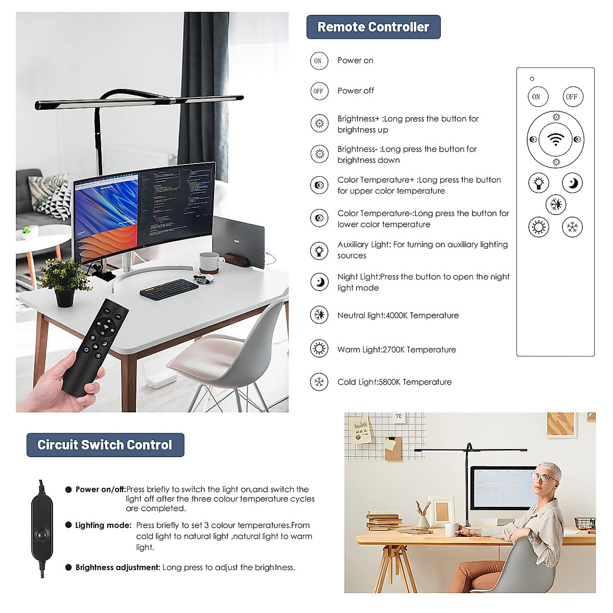 DELIZIO Desk Lamp 34.25in, Architect Lamp for Home Office, 21W Clamp Lamp ,3 Color Modes Stepless Dimming, Modern Eye-Caring Office Light ,Three Head Work Lamp with Remote Control Workbench Lamp
