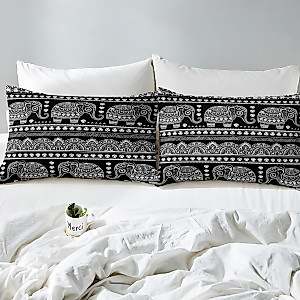 Elephant Fitted Sheet Full,Exotic Bohemian Black and White Bed Sheets Paisley Floral Bedding Sets for Kids Child,Ethnic Tribal Wildlife Bedding Decor Set Tribe Western Animals Boho Room Decor