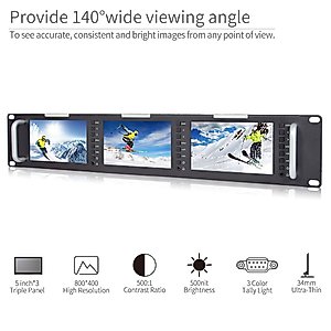FEELWORLD T51 2RU Triple 5 Inch SDI Rack Mount Broadcast Monitor LCD 800x400 3G SDI HDMI AV Input and Output