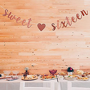 Rose Gold Glitter Sweet Sixteen Banner - Happy 16th Birthday Bunting Garlands/Happy Sweet 16/Cheers to 16 Years Old Party Decoration Supplies