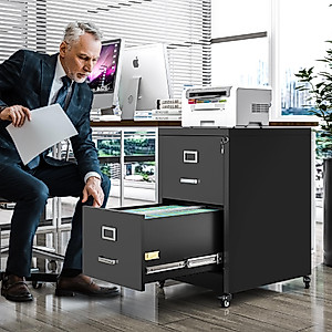 YITAHOME 2-Drawer Vertical File Cabinet, Metal Mobile File Cabinet with Lock, Filing Cabinet Under Desk fits Legal/Letter/A4 Size, Office Storage Cabinet for Office/Home,Black