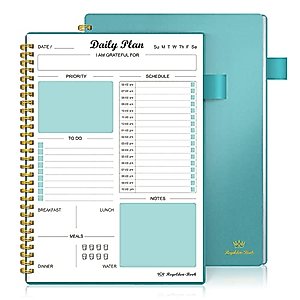 Daily Planner Undated, To Do List Notebook with Hourly Schedule Regolden-Book Calendars Meal, Spiral Appointment Organizers Notebook for Man/ Women, Pocket,Pen Loop, 160 Pages (7x10")