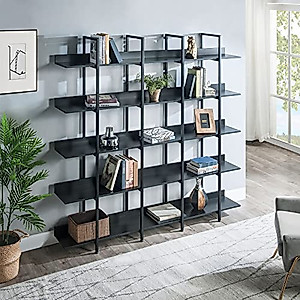 CALABASH Bookcases and Bookshelves Triple Wide 5 Tiers Industrial Bookshelf, Large Tall Bookcase Open Display Shelves with Metal Frame for Living Room Bedroom Library Home Office(Black)