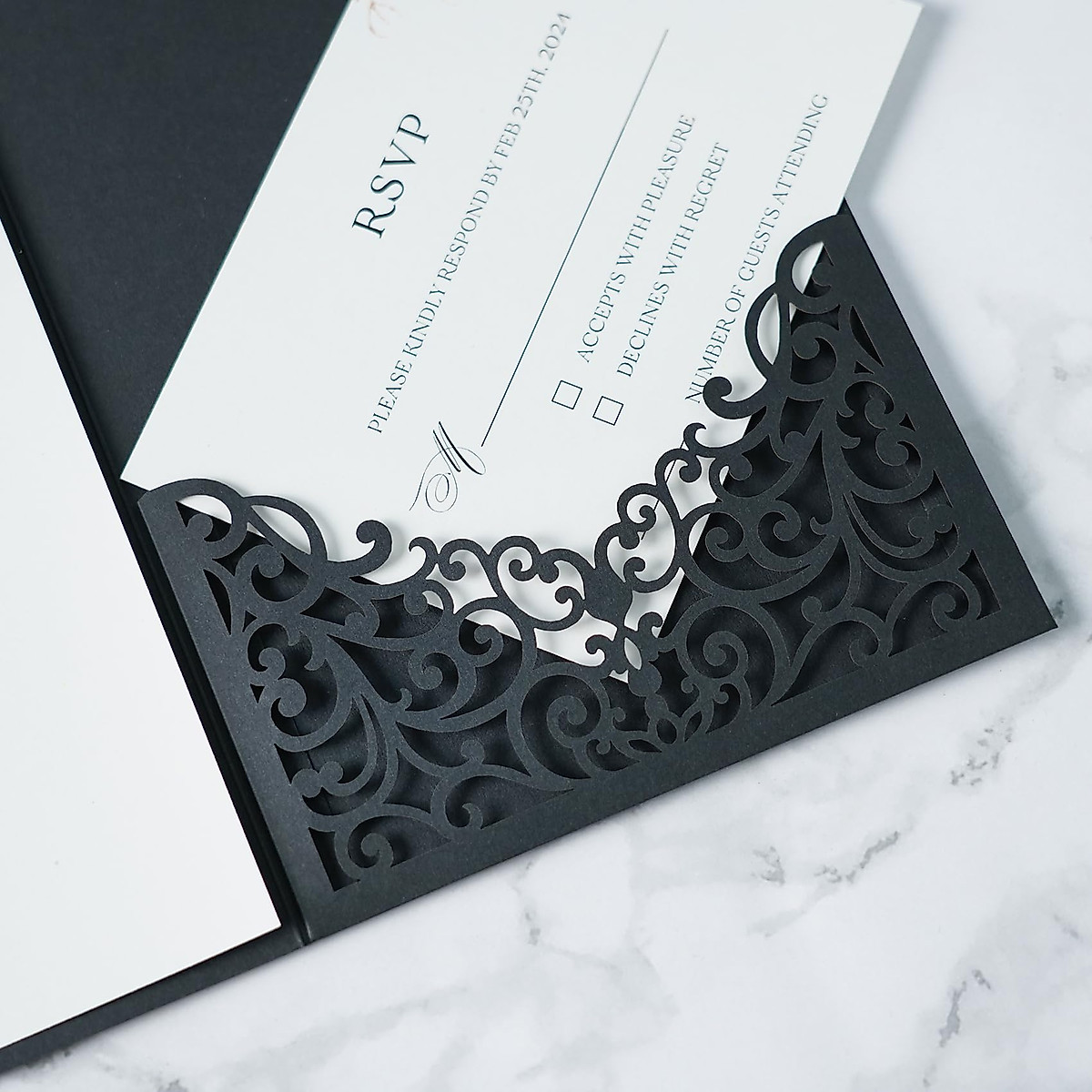 ponatia 20PCS Black Laser Cut Wedding Invitations Pockets, Tri-fold 5x7 Laser Cut Invitation Pockets for Wedding Bridal Shower Quinceanera 15 Anos Invite (No Envelopes & Inner Sheets)