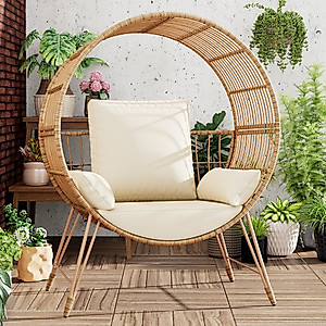 Yechen Egg Chair Outdoor, Oversized Wicker Patio Chairs with 350LBS Capacity, Rattan Porch Chair, 6.69'' Cushions for Living Room, Bedroom, Garden, Round Nest Chairs with Steel Stands Easy Assembly