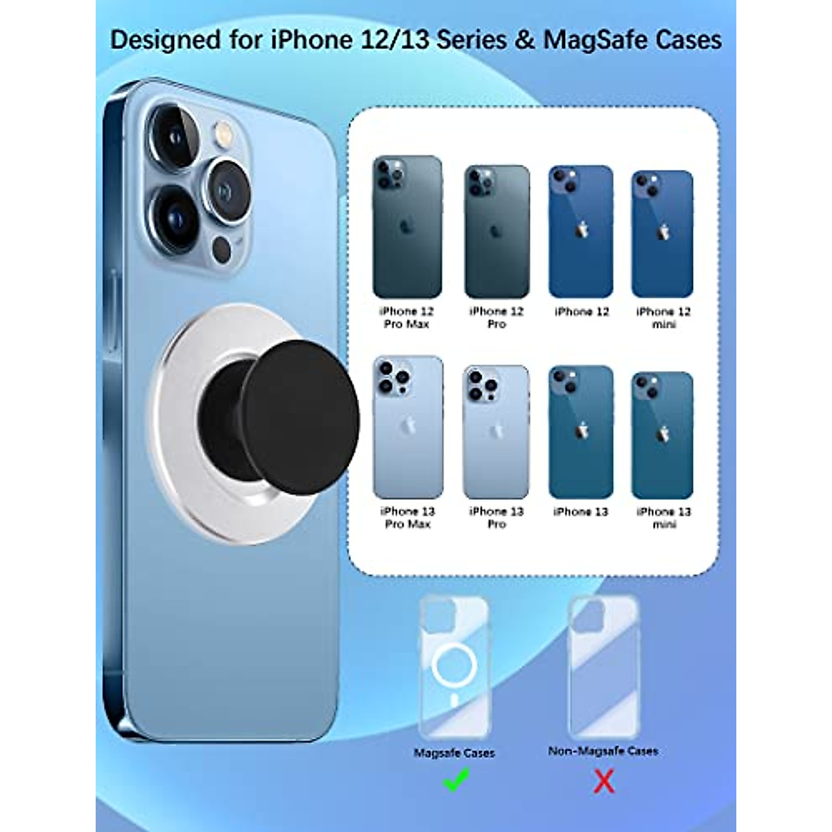 Tomorotec Magnetic Base Plate (Silver) for Phone Grip Holder Ring Stand Removable Accessory for Wireless Charging Compatible with iPhone 12 & Magnetic Case with Charging Ring [Phone Grip Not Included]