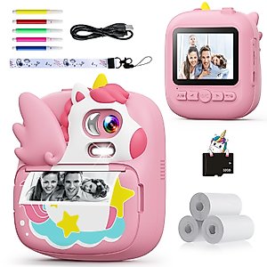 CAMCLID Kids Camera Instant Print, 12MP & 1080P Instant Camera for Kids with 32G Card & Print Paper, Selfie Digital Video Camera for Toddler,Christmas Birthday Gifts for Girls Boy Age 3-12 (Pink)