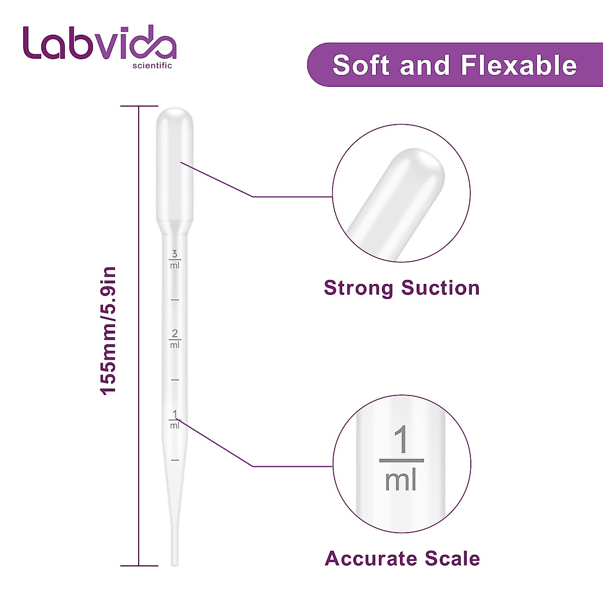 Labvida 200PCS 3ml Disposable Plastic Transfer Pipettes, Calibrated Dropper Suitable for Essential Oils Deployment,Science Laboratory, DIY Art, LVG003