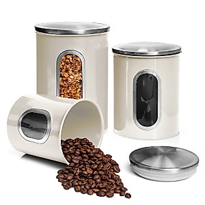 Moss & Stone 3 Piece Beige Canisters Sets For The Kitchen, Kitchen Jars With See Window, Airtight Coffee Container Tea Organizer & Sugar Canister, Kitchen Canisters Set of 3 Beige Kitchen Decor