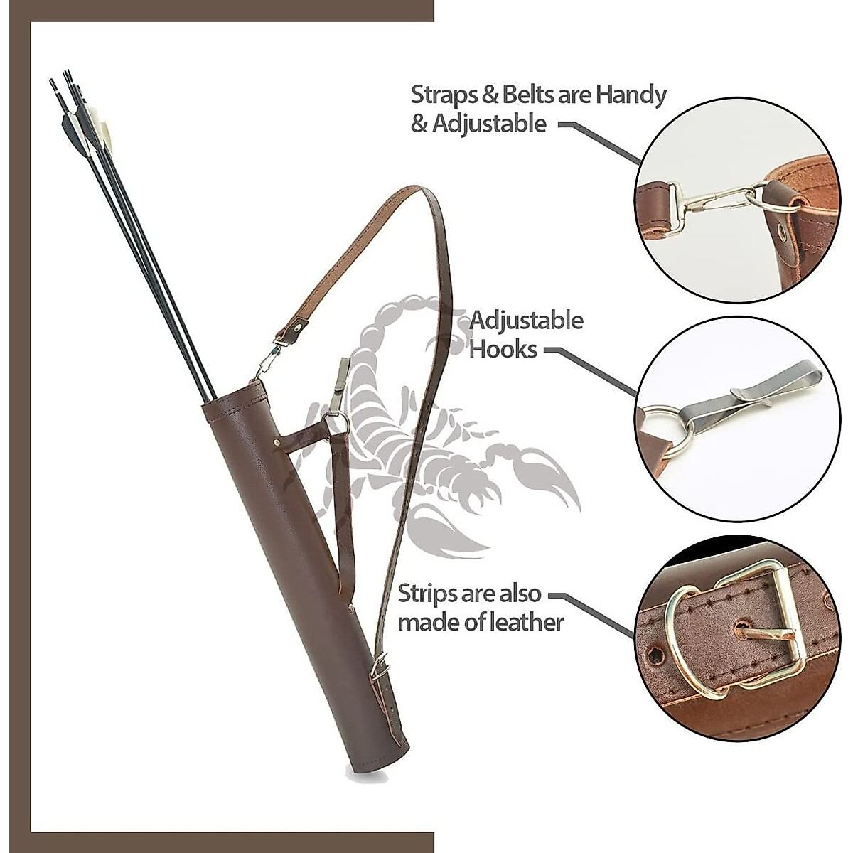 Scorpion Archery Back Arrow Quiver - Genuine Leather Arrow Case - Traditional Handmade Archery Quiver for Hunting & Target Practicing - Adjustable Lightweight & Comfortable Cow Leather) (Brown)