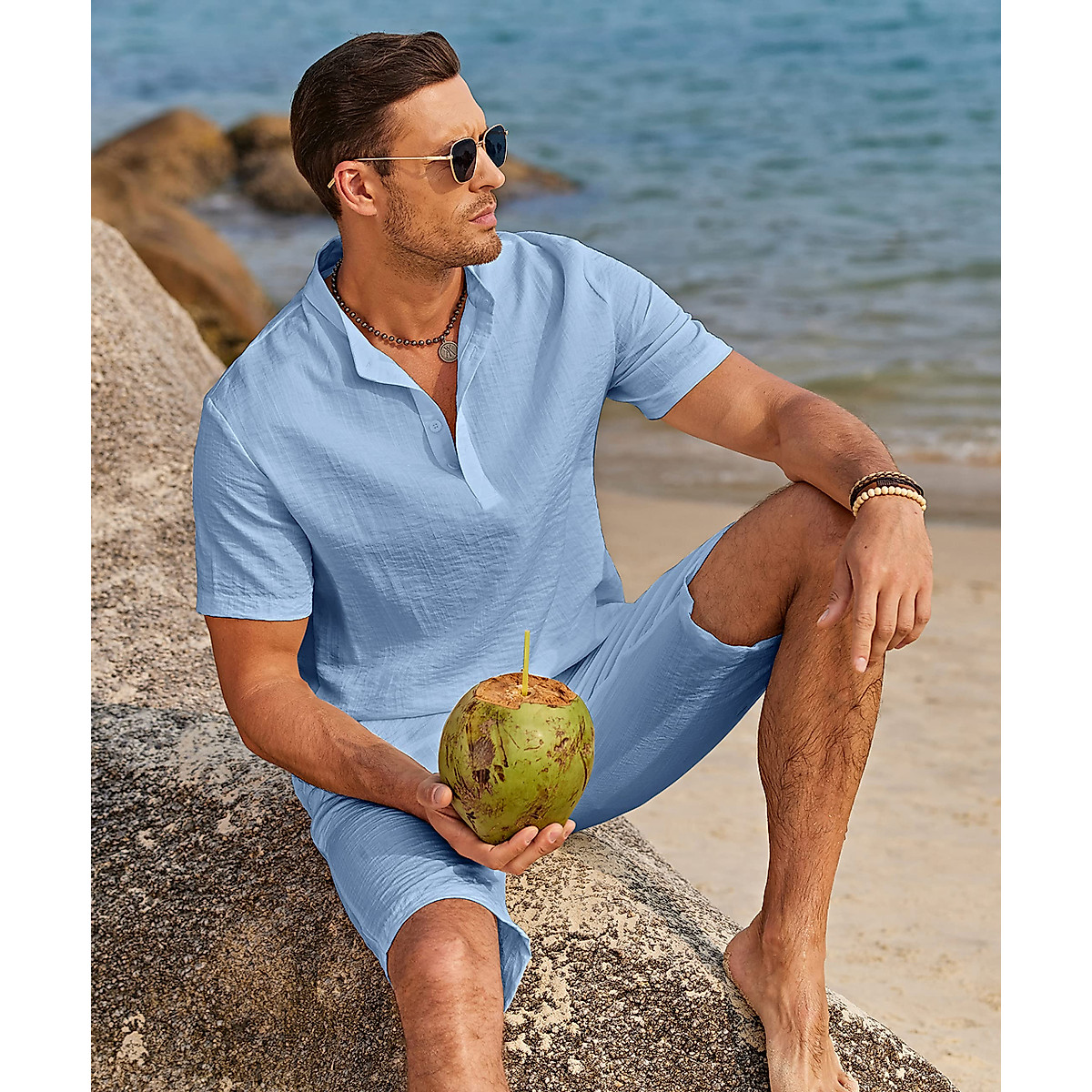 COOFANDY Men's 2 Pieces Linen Set Casual Henley Shirts Short Sleeve Beach Yoga Shorts Summer Pants Outfits
