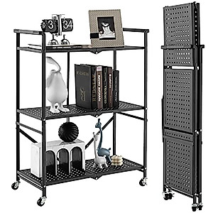 GOFLAME 3-Tier Rolling Cart, Folding Mesh Metal Utility Cart with Handles and Lockable Wheels, Multipurpose Storage Rack Organizer, Mobile Service Cart for Living Room Kitchen Office