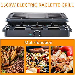 M Minca 1500 Watt Electric Raclette Grill, Korean BBQ Grill, Table Portable 2 in 1 Indoor & Cheese Raclette, Removable Hot Plate, Adjustable Thermostat, with 8 x Mini Cheese Pans & Spatulas