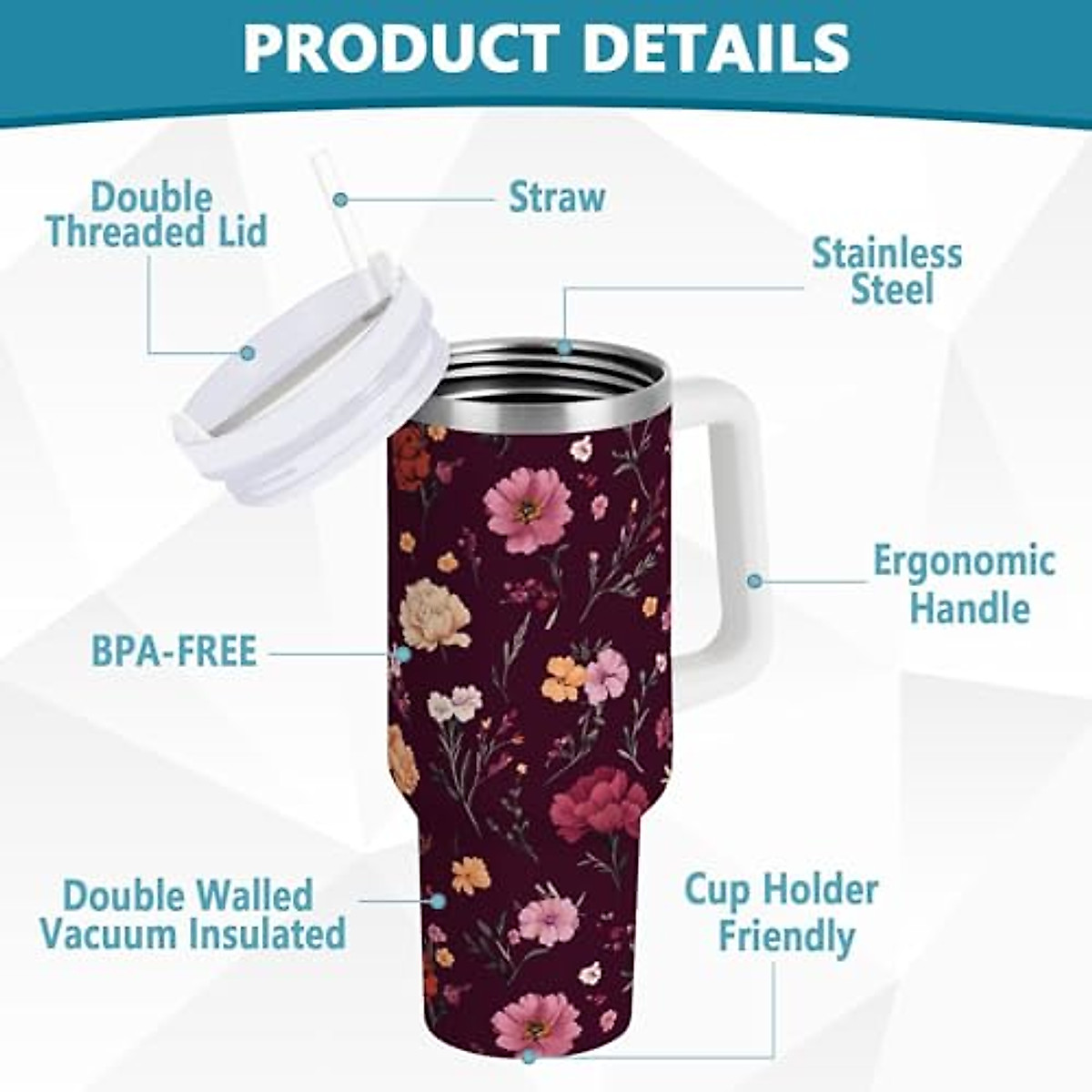 linqin Pink Flowers Peonies Burgundy Vacuum Tumbler Insulated Leak-proof Lid and Straw 40 oz Stainless Steel Water Bottle Reusable Office Mug for School, Daycare, Camp