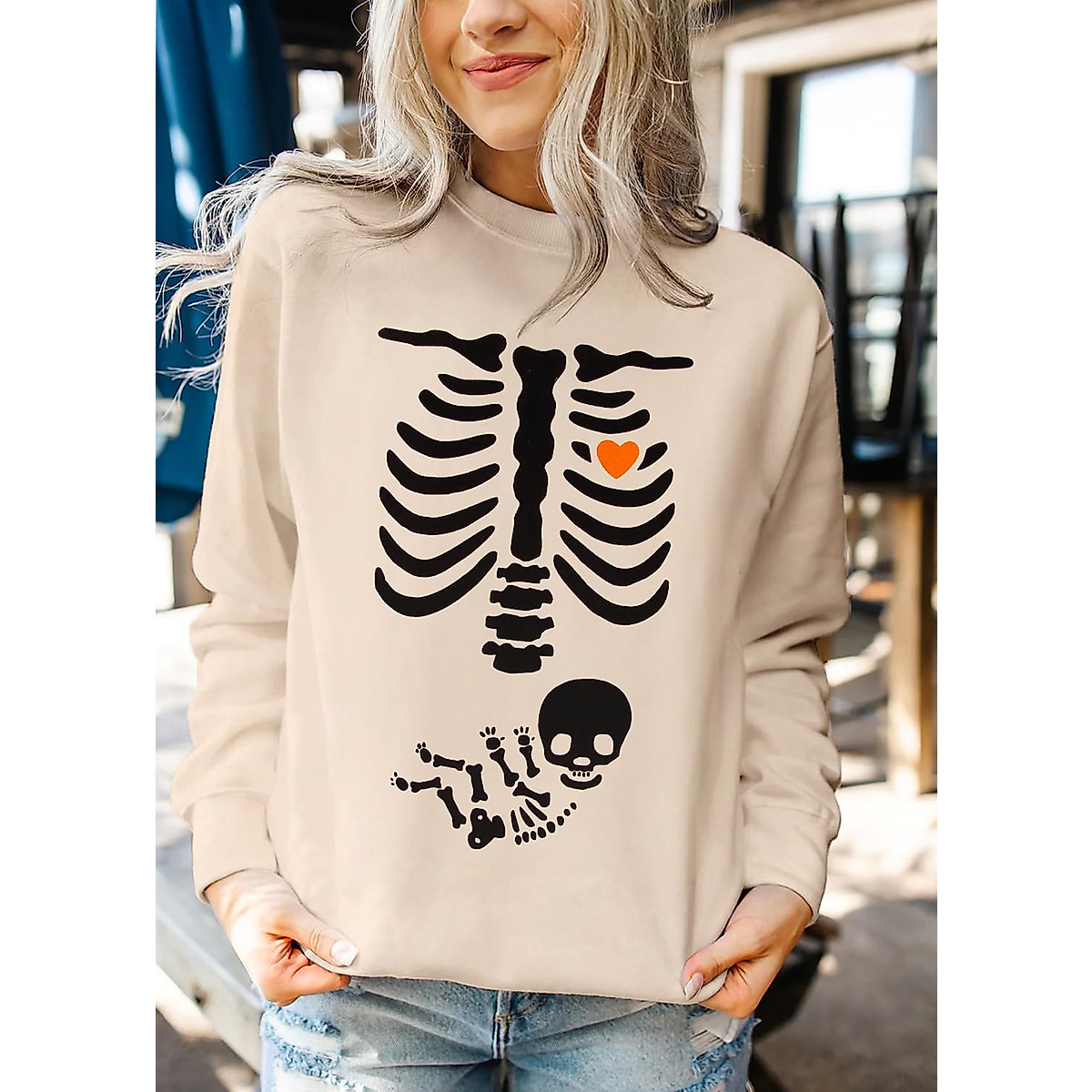 SOFEON Women Halloween Sweatshirt X-Ray Skeleton Maternity Sweatshirt Funny Pregnancy Announcement Crewneck Pullover Tops(Beige,XX-Large)