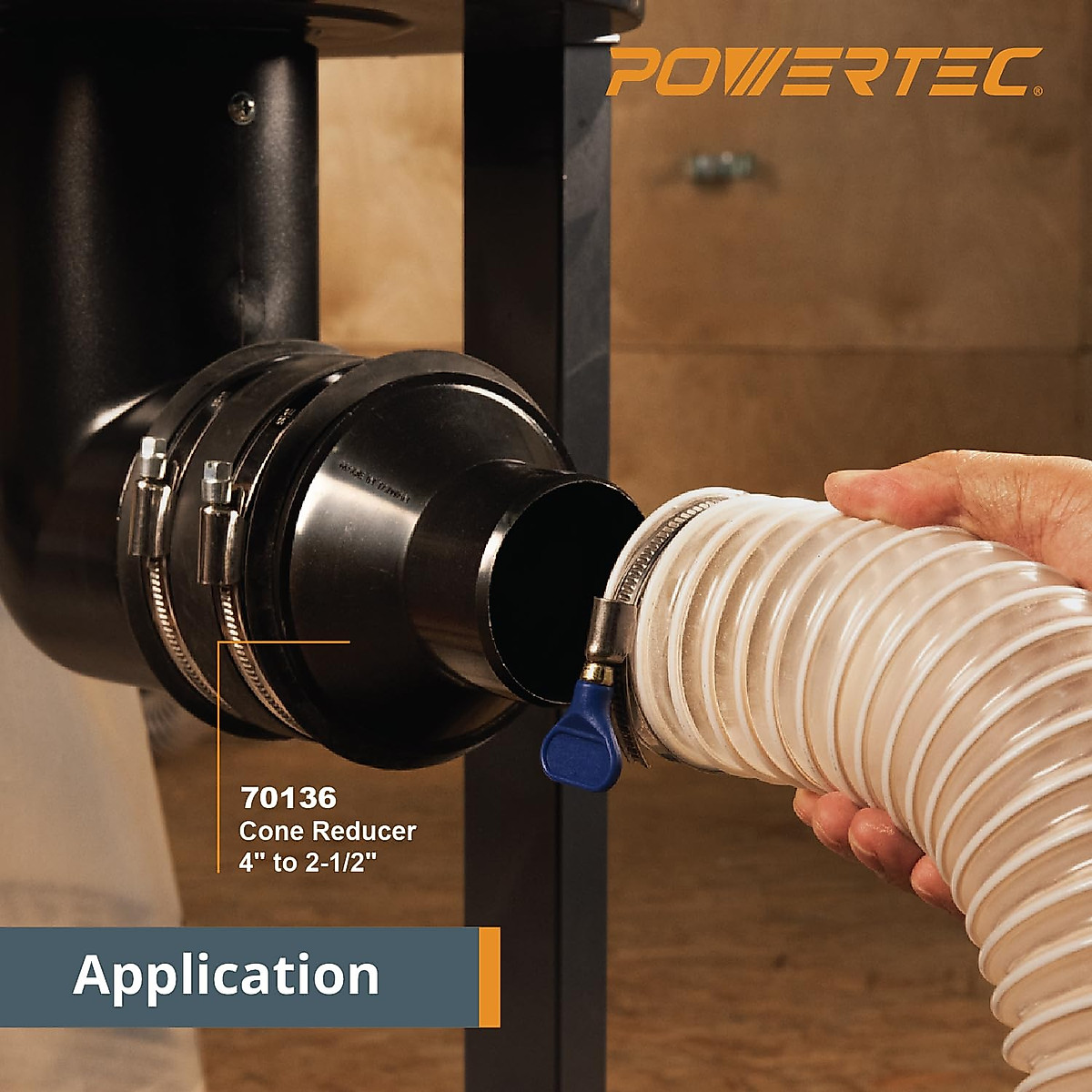 POWERTEC 70402 4" Hose to 2-1/2" Hose Cone Reducer and 2-1/2" Dust Control Flex Cuff with Adjustable Key Hose Clamps for Dust Collection on Power Tool and Vacuum