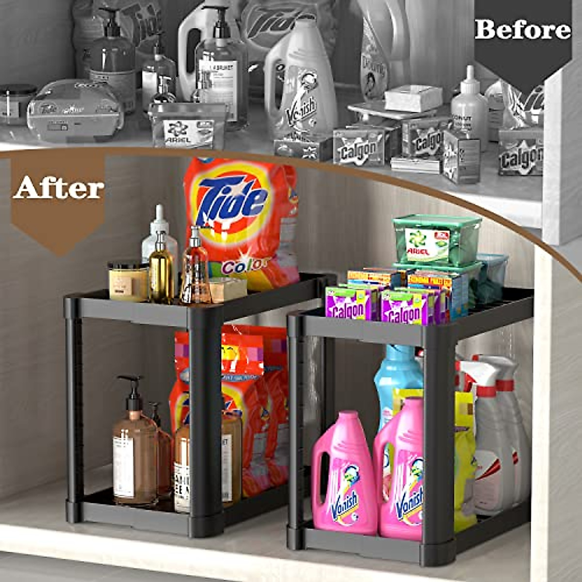 2 Pack Under Sink Organizers and Storage, 2 Tier Expandable Under Bathroom Cabinet Basket Storage Rack, Multi-purpose Storage Shelf for Bathroom Kitchen