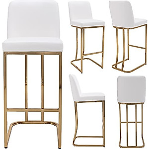 Wahson Set of 2 Classic Modern Faux Leather Upholstered 29" H Bar Height Stools, for Kitchen Island/Dining Room, with Golden Metal Frame, White