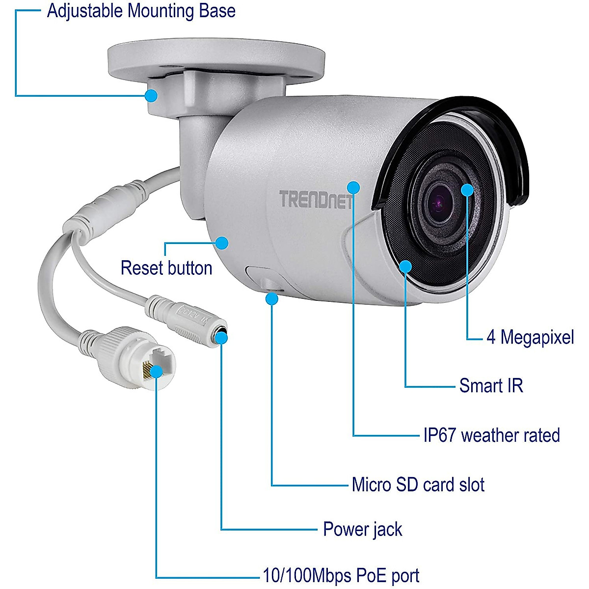 TRENDnet Indoor-Outdoor 4MP H.265 120dB WDR PoE Bullet Network Camera, IP67 Weather Rated Housing, Smart Covert IR Night Vision Up To 30m (98 ft), MicroSD Card Slot (Up to 128GB), White, TV-IP1314PI