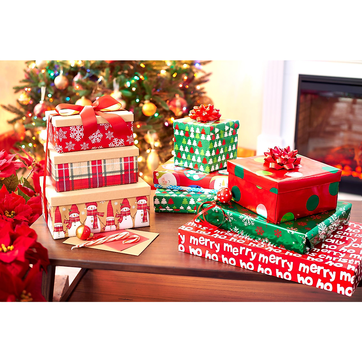 American Greetings Christmas Reversible Wrapping Paper Bundle, Polka Dots, Trees, Snowmen and Snowflakes (4 Rolls, 120 sq. ft.)