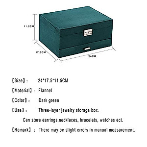 ZUZOOQ Women Jewelry Organizer Box, 3-Layer Velvet Jewelry Boxes Display Storage Case with Lock for Rings Necklace Earrings, Green, 24*17*11CM, ZUZ002A