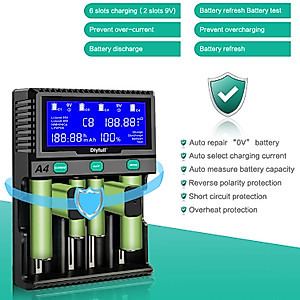 9V 18650 Rechargeable Battery Charger, Universal Battery Charger for 18650 AA AAA C D 9V 26650, Household Li-ion Nimh Battery Charger with Smart Display, 6 Bay(2 9V Battery Bay and 4 Universal Bay)