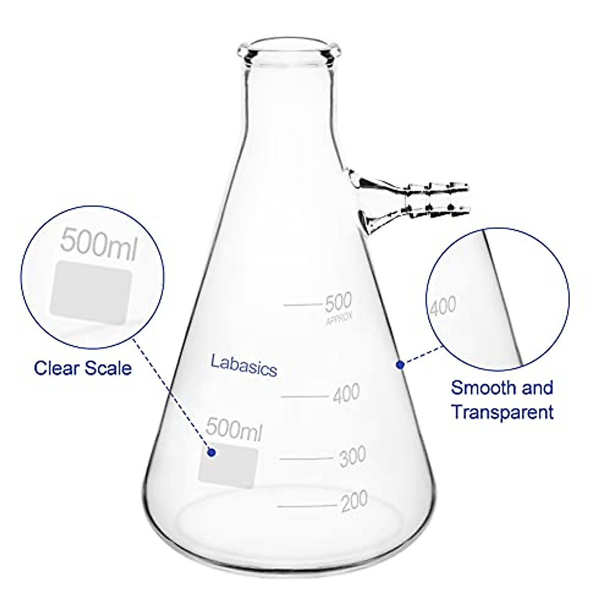 Labasics Glass 500 ml Heavy Wall Borosilicate Glass Filtering Flask, Bolt Neck with Tubulation, 500 ml