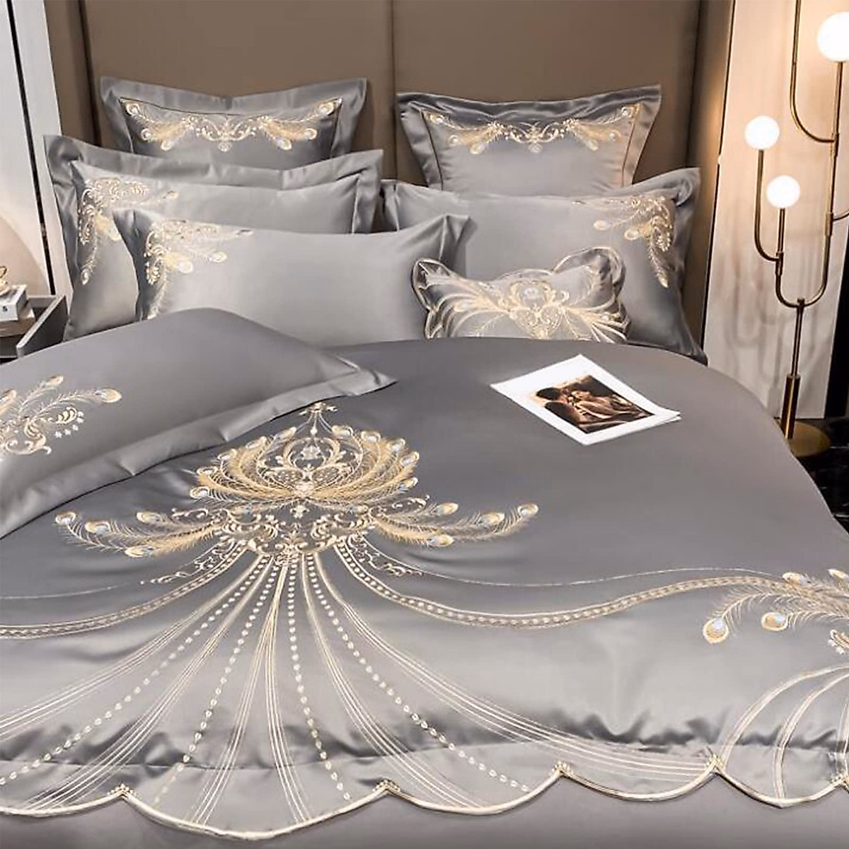 QQXX Luxury Embroidery Duvet Cover Set,Jacquard Silk Bedding Set,Cozy Breathable Microfiber Comforter Cover Set with Zipper Closure and Corner Ties for All-SeasonTies(Queen, Gray)