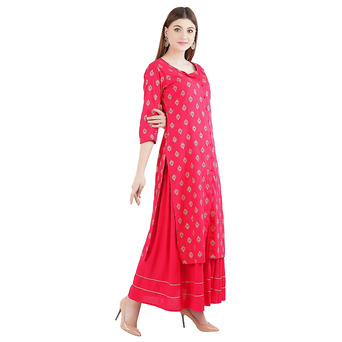 Arayna Women's Rayon Printed Kurta with Skirt Set, Red, Large