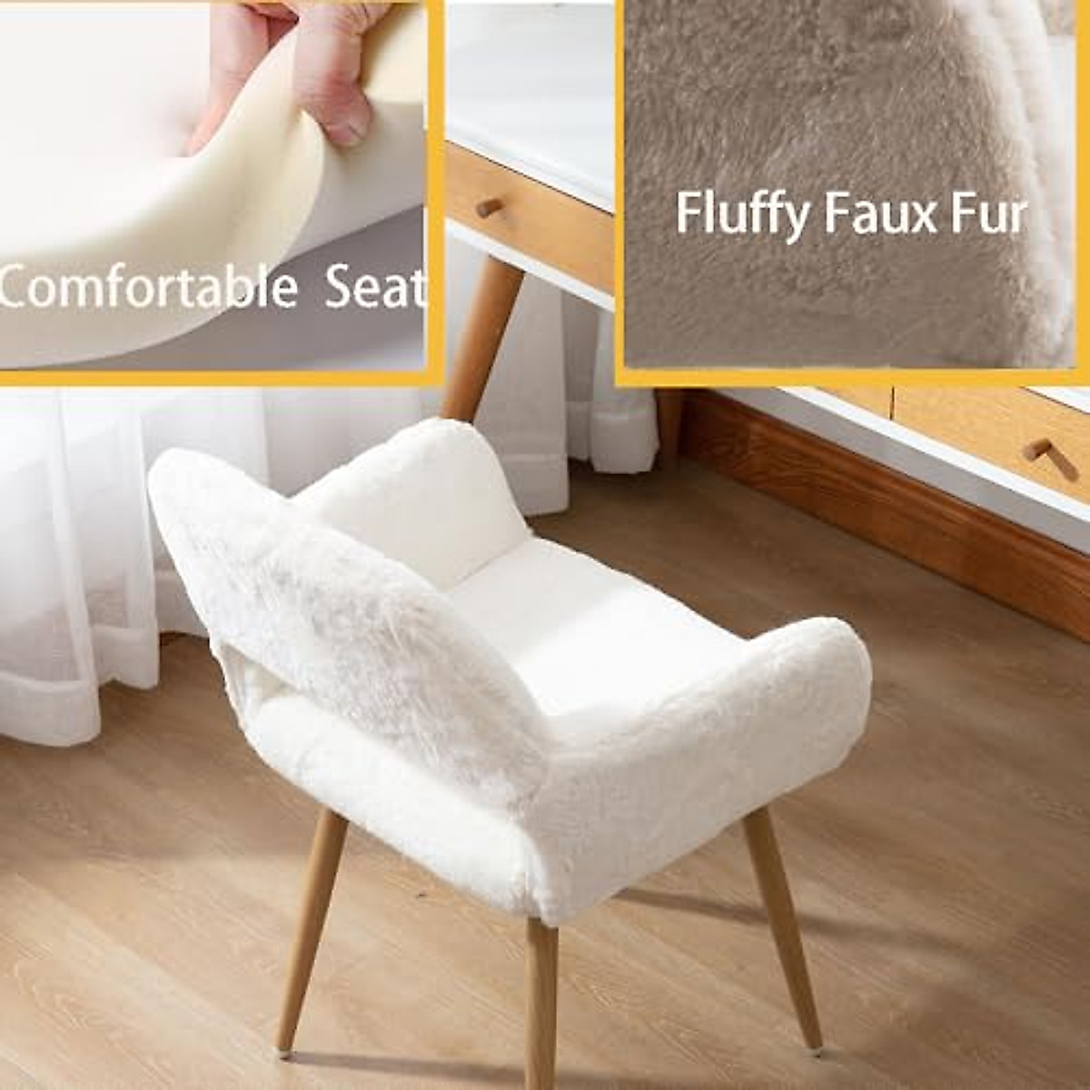 White Faux Fur Desk Chair with Wood-Like Metal Legs,Furry Makeup Vanity Chair for Girls Women,Cute Kids Chair,Fluffy Home Office Chair Without Wheels for Living Room,Bedroom