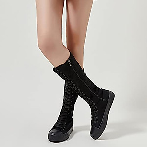 ZGR Women’s Canvas High Top Shoes Knee High Boots Fashion Girl Fancy Scool Shoes White And Black Lace Up Zipper Sneakers For Women(Black;US09.5)