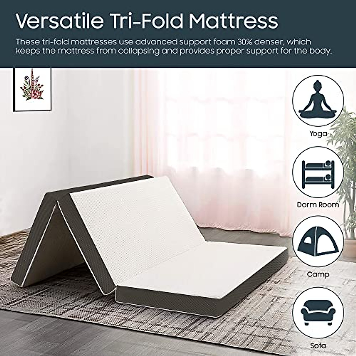 Zayton 4-Inch Tri-Folding Portable Floor Gel Memory Foam Mattress | Comfortable Support, Standard Size, Cot Pad, Breathable Mesh Sides with Ultra Soft, Removable and Washable Cover, Queen, White