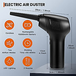 Air Duster, Cordless Compressed Electric Air Duster Computer Cleaning Duster, Rechargable 15000mAh Air Blower 10W Powerful 45000 RPM Replaces Compressed Air Cans for Computer, Keyboard, Car, Pet House