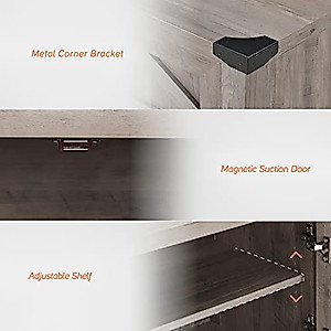 WAMPAT Modern Farmhouse Buffet Cabinet, Wood Sideboard with Cabinet & Open Storage for Living Room, Kitchen, Magnetic Door Catch, 5-Level Adjustable Shelf, Riveted Metal Braket, Wash Grey