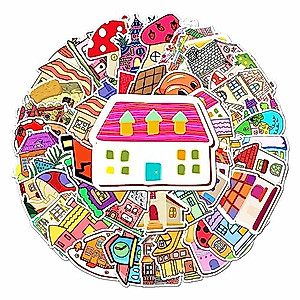 50Pcs Cartoon Houses and Castles Stickers, Vinyl Mushroom Houses Stickers for Water Bottles,Laptops,Phones,Scrapbooking,Journaling, Mug Decals-Perfect Party Favors for Kids,Boys,Girls,Teens