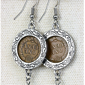 American Coin Treasures 100 Year Old Indian Head Penny Feather Silvertone Coin Earrings