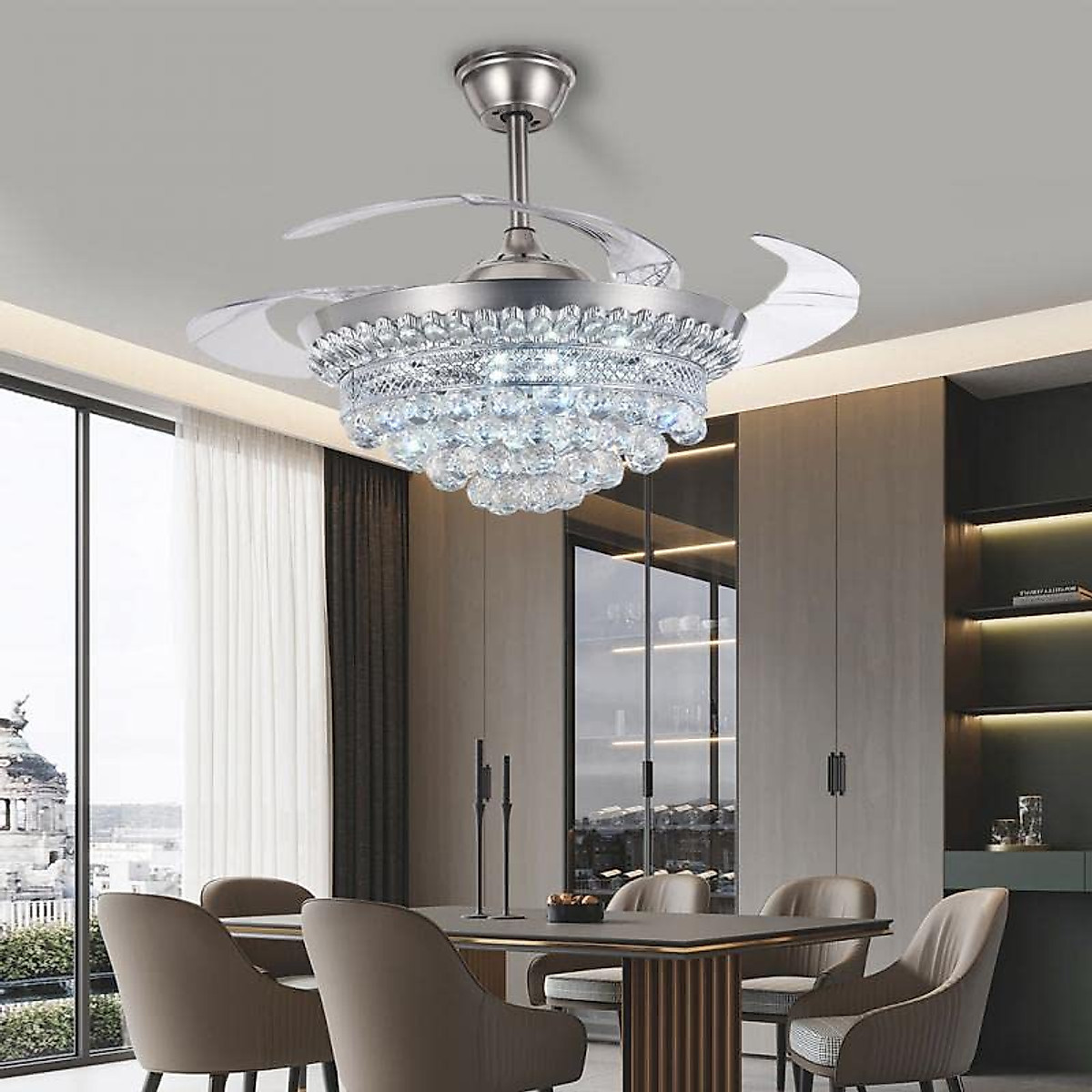 Clody 42'' Crystal Fandelier Ceiling Fan with Lights, Modern Chandelier Ceiling Fans with 3 Color LED Panel 6 Speed Quiet Motor Retractable and Reversible Blades Fan for Indoor