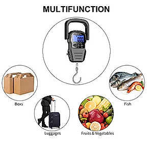 HEETA Fish Scale with Backlit LCD Display, Up to 110lb/50kg Digital Portable Hanging Fish Weight Scale with Hook & Measuring Tape for Home, Farm, Outdoor, Hunting, Fishing, 2 AAA Batteries Included