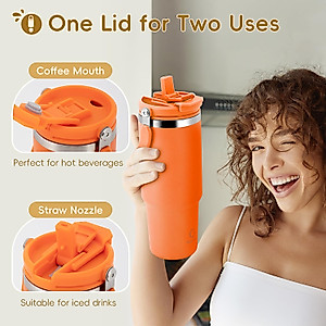 VUSIGN 30 oz Tumbler with Handle and Flip Straw, Stainless Steel Vacuum Insulated Water Bottle Travel Mug Thermal Cup for Home, Office, Car, Outdoors, Sports, Orange