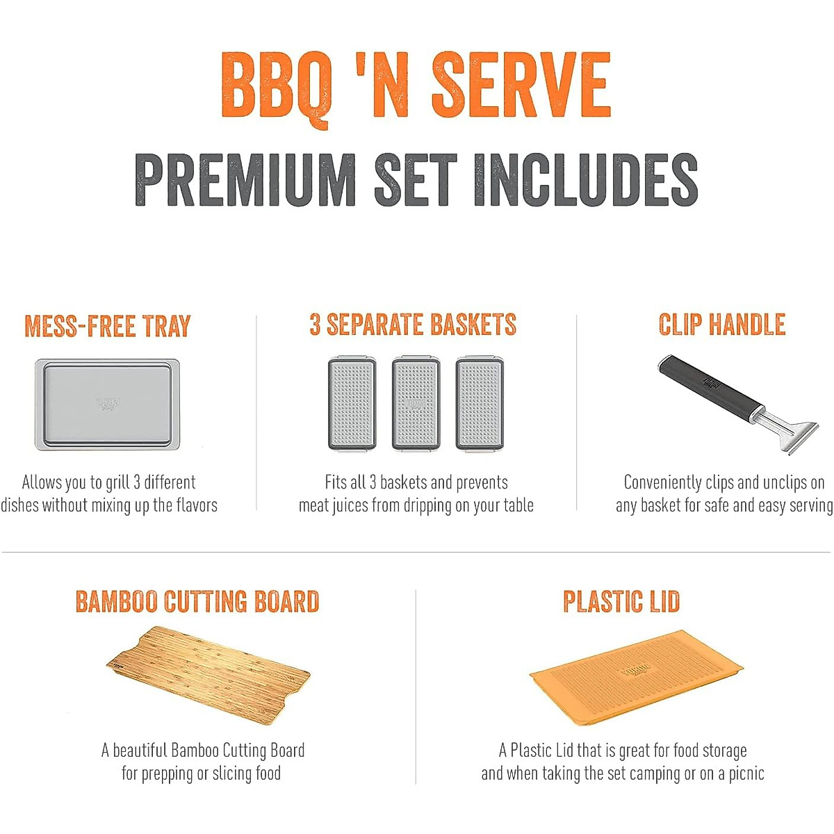 Yukon Glory™ BBQ 'N SERVE Premium Set, Includes 3 Grill Baskets, Serving Tray, Bamboo Cutting Board, Plastic Lid and Clip-on Handle