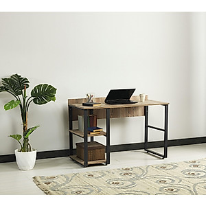 Aienid Solid Wood Walnut Black Computer Desk Black Metal Frame 58" Wooden Top 2 Shelves Writing and Computer Desk for Home Office, Oak