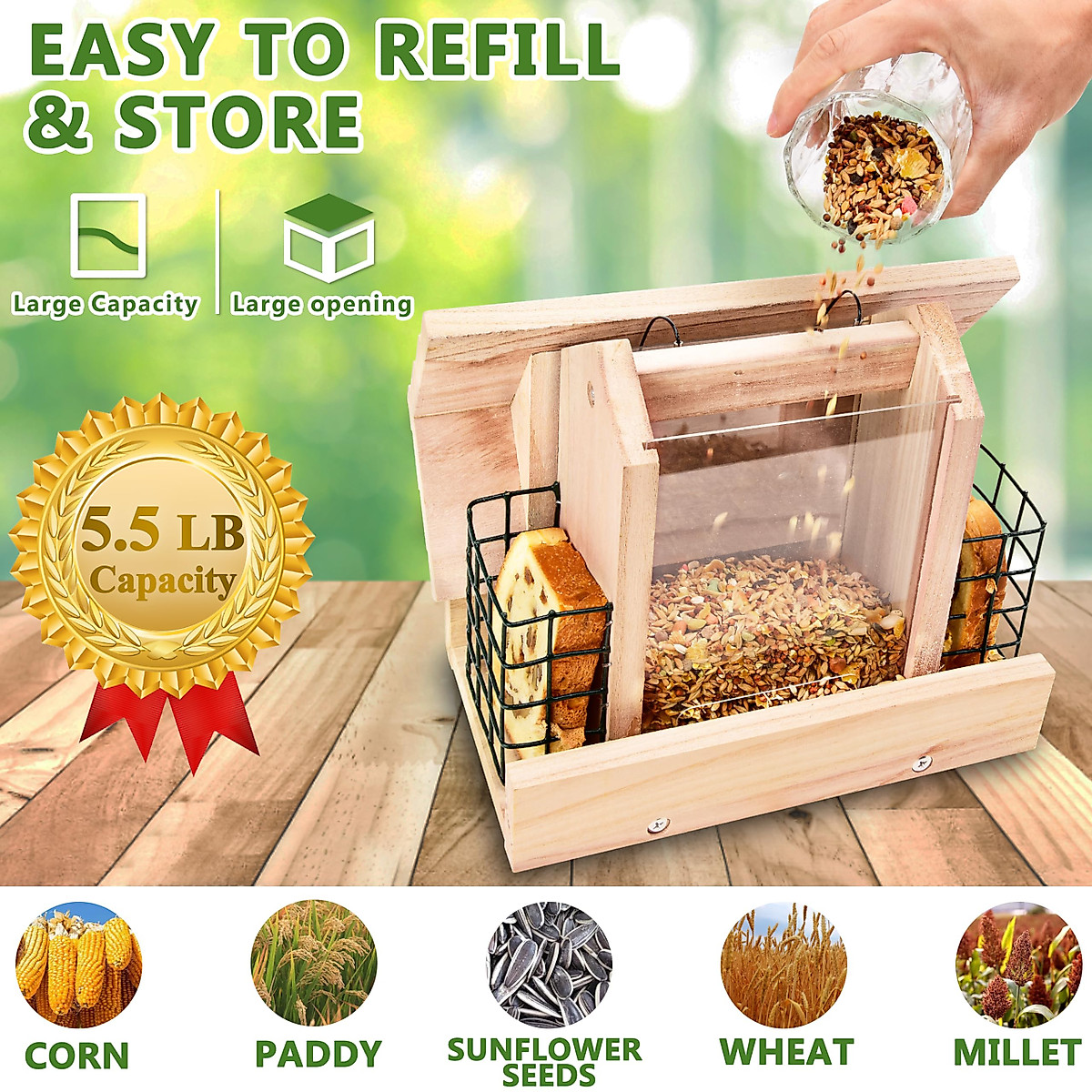 Bird Feeders for Outdoors Hanging - Wooden Bird Feeder Hopper, Cardinal Bird House Feeder, Large Bird Feeder with Suet Holder for Outside, Wild, Outdoors Hanging Pole